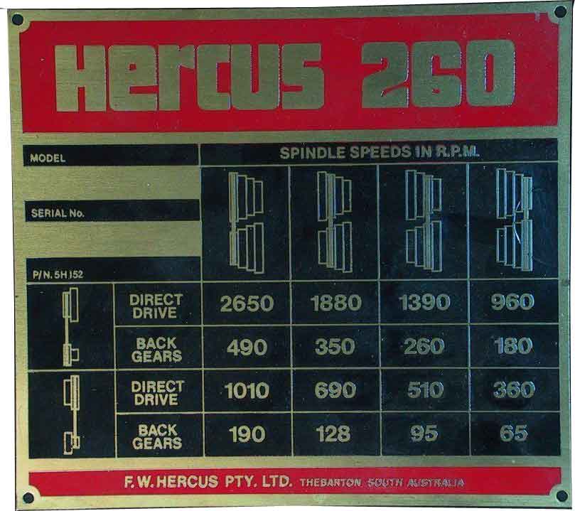 NEW hercus 260 high speed chart--part No.5h152